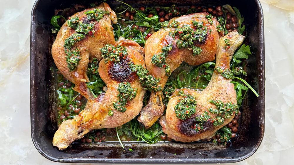 Ottolenghi's Crispy Chicken with Carlin Peas and Zhoug | LemonSalt